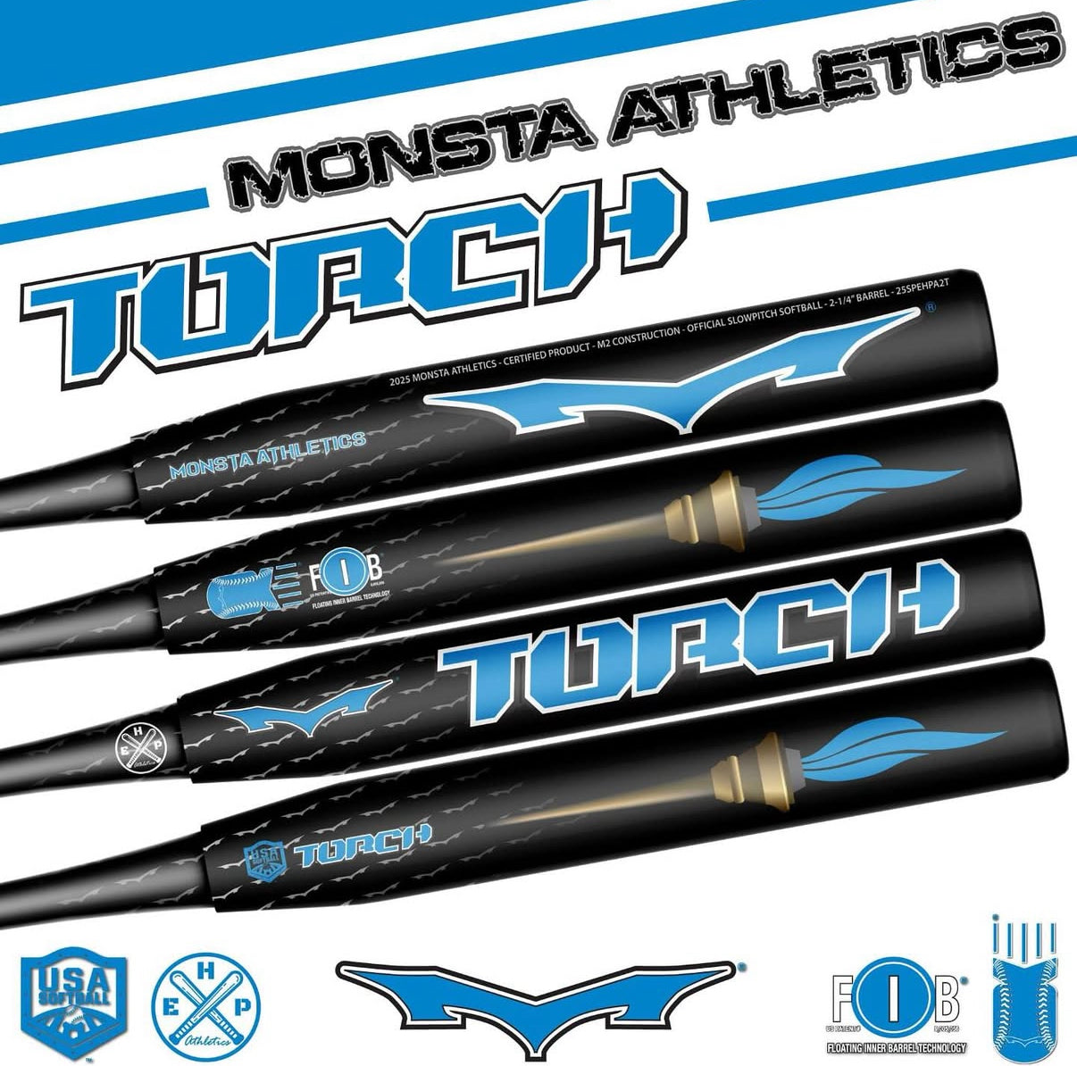 MONSTA Black w/Blue Foil Graphics TORCH M2 Stiff Handle 25oz. ASA Soft ...