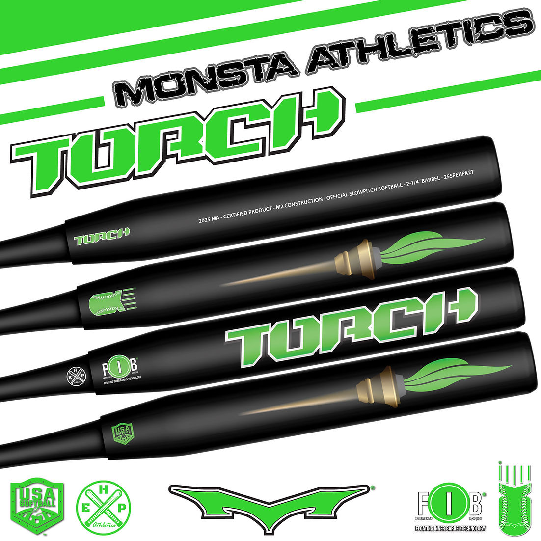 MONSTA Black w/Green Foil Graphics TORCH M2 25oz. ASA Softball Bat ...
