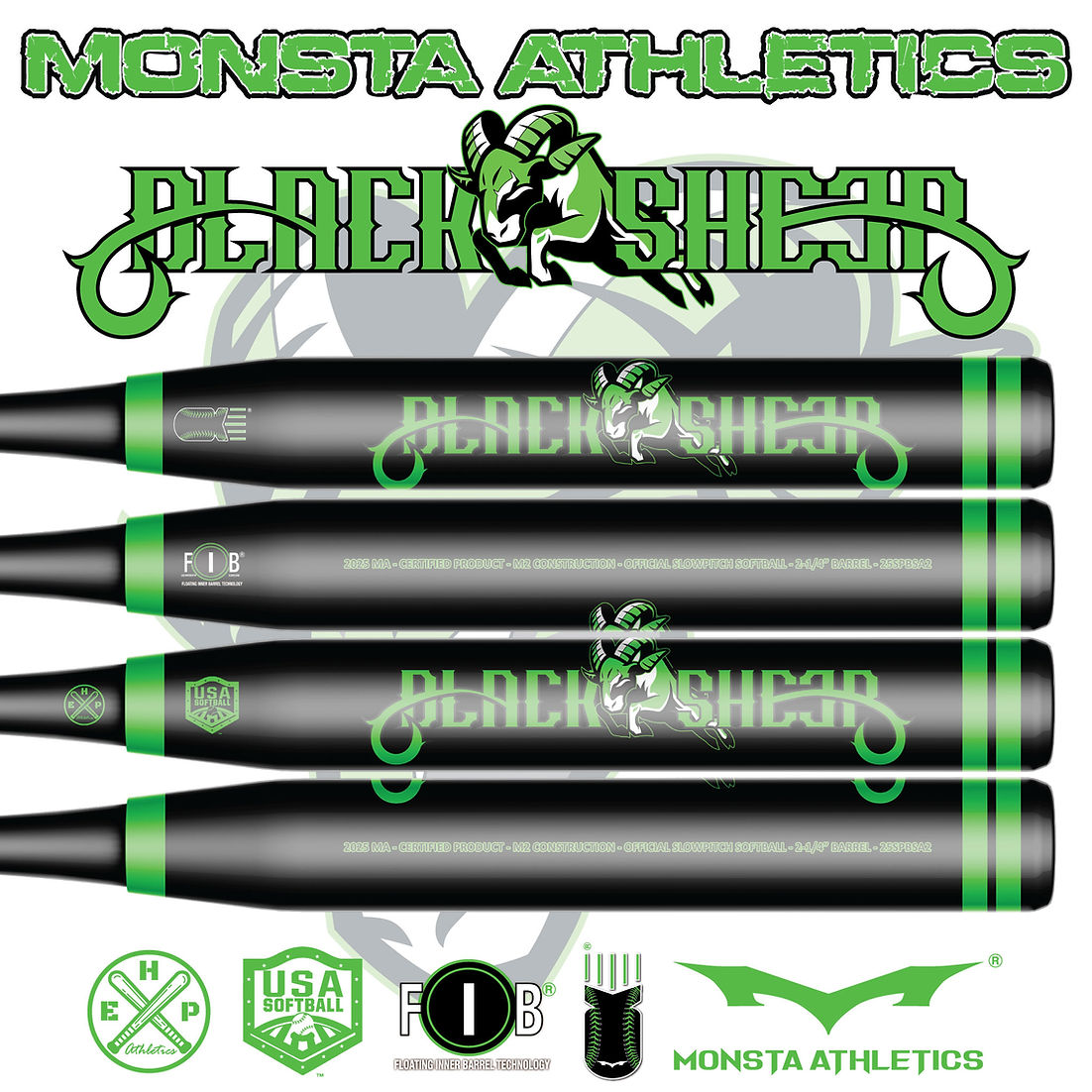 MONSTA Blacksheep w/Green Foil Graphics M2 Endload. ASA Softball Bat ...